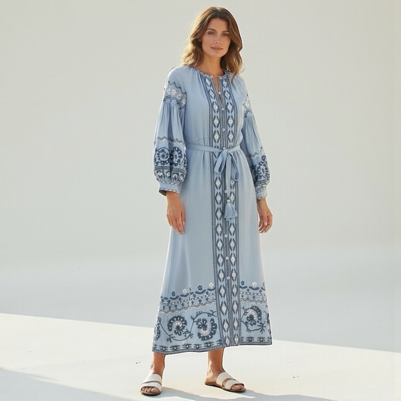 bella tu | Dresses | Bella Tu Blue Embroidered Midi Dress Boho Resort ...